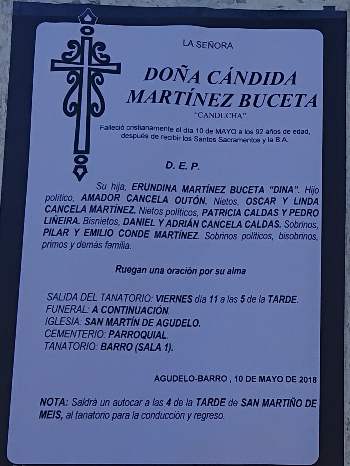 D.E.P.DOÑA CÁNDIDA MARTÍNEZ BUCETA – NOTICIAS DE BARRO