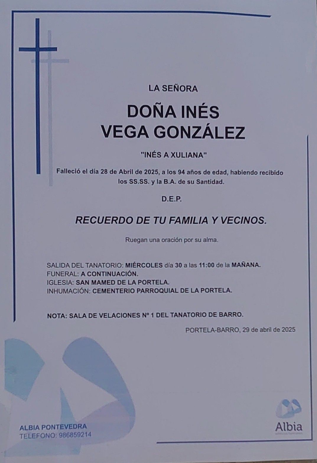 D.E.P. DOÑA INÉS VEGA GONZÁLEZ ” INÉS A XULIANA” – NOTICIAS DE BARRO